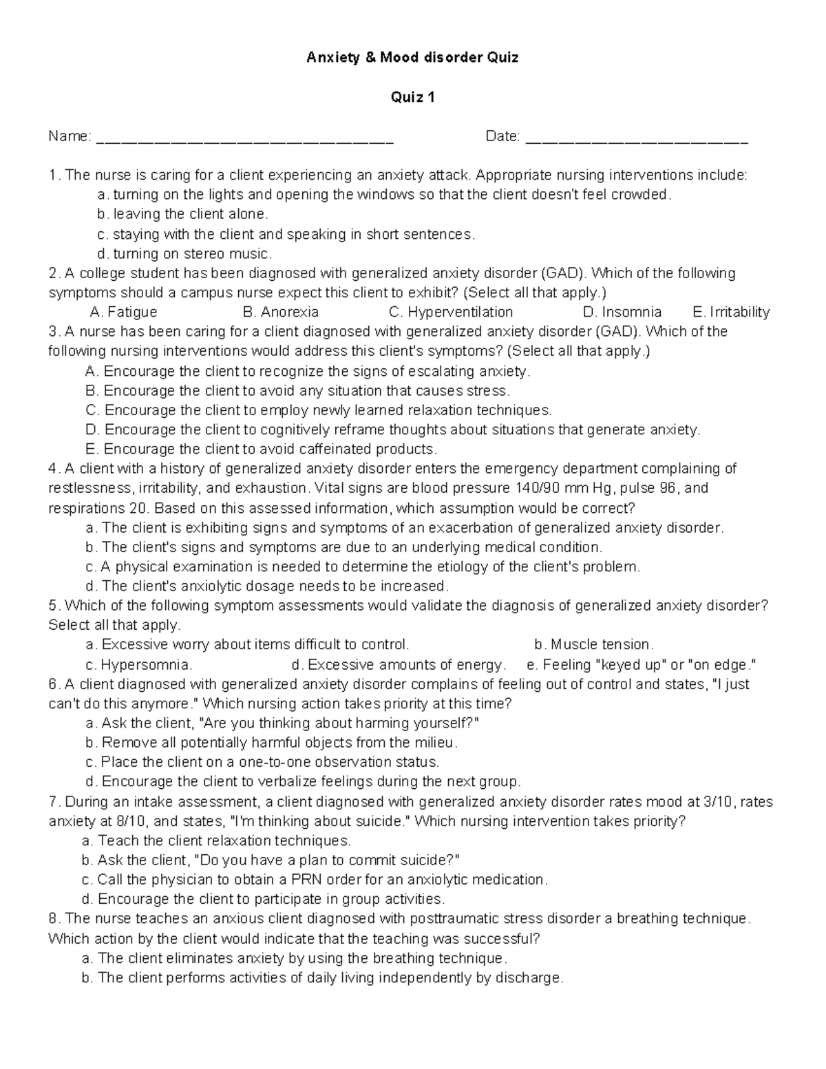 Anxiety mood quiz NO Ans - Anxiety & Mood disorder Quiz Quiz 1 Name ...