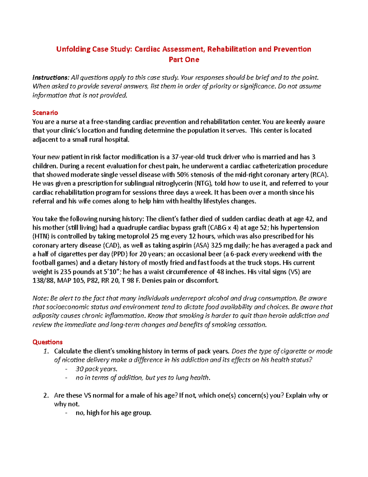 Case Study - Cardiac Assessment Prevention Rehab - Unfolding Case Study ...