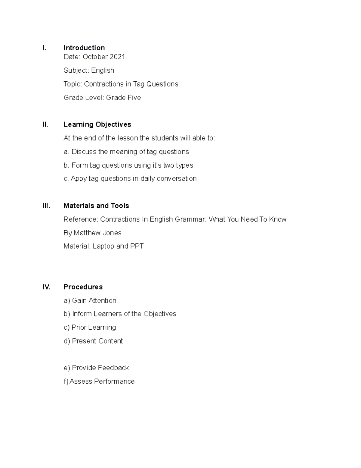 Lesson Plan MCE15 BSED ENGLISH 3. This is a semi-detailed format - I ...