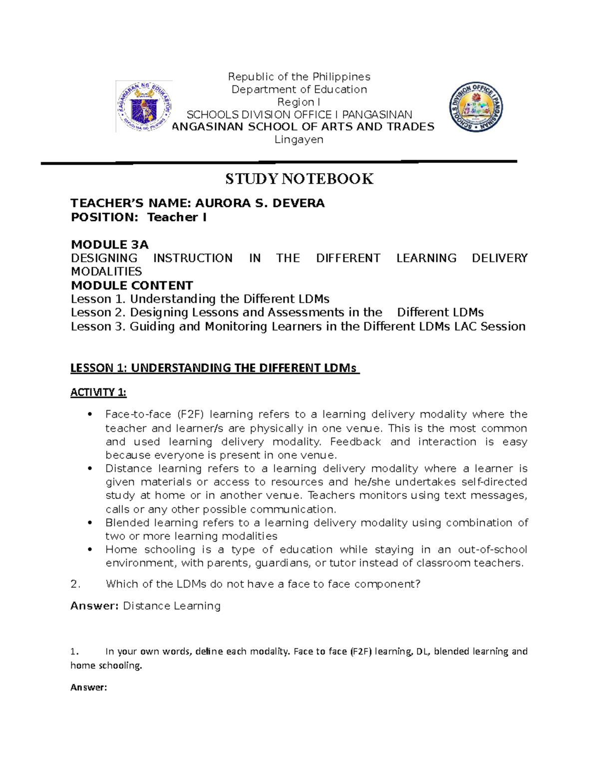Ms. De Vera LDM2 Module 3A Study Notebook - Republic of the Philippines Department of Education ...