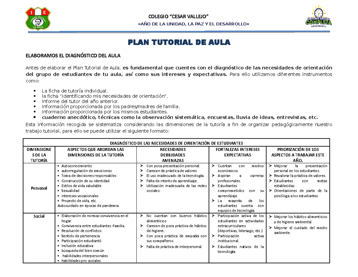 Plan Tutorial de aula 3º B - «AÑO DE LA UNIDAD, LA PAZ Y EL DESARROLLO ...