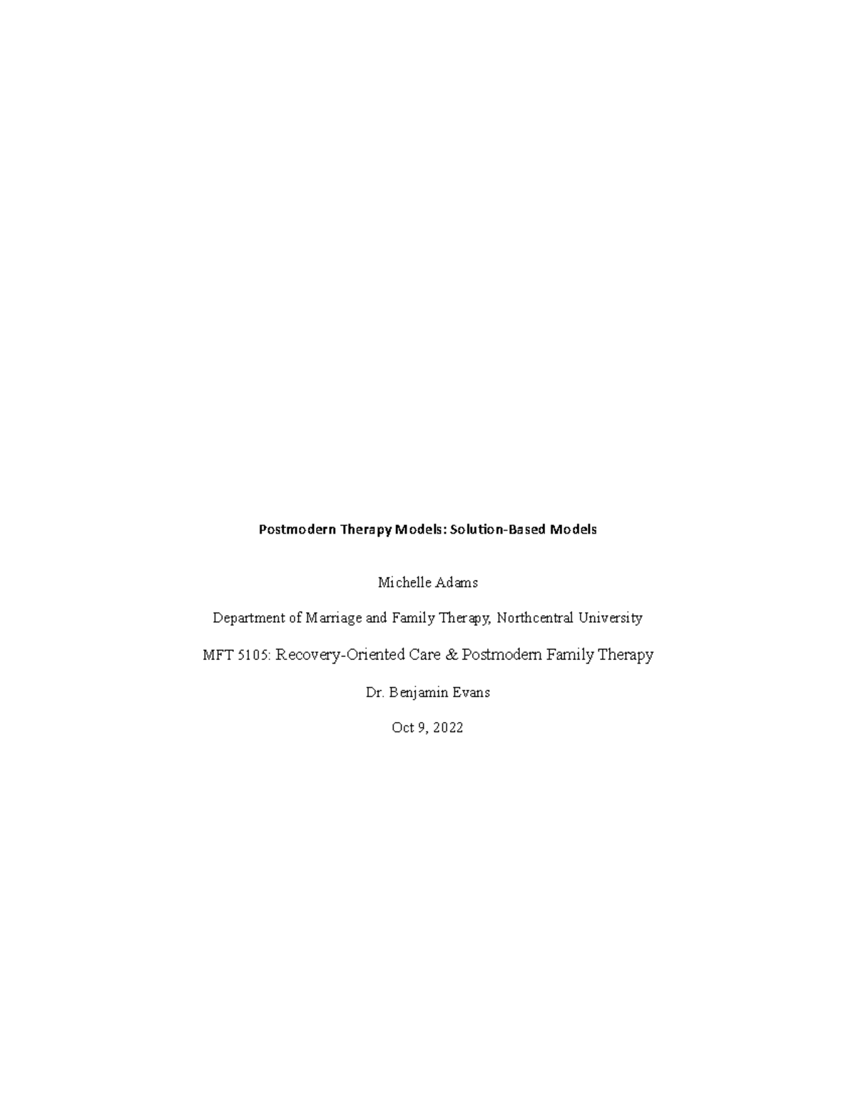 Postmodern Therapy Models - Assignment - Postmodern Therapy Models ...