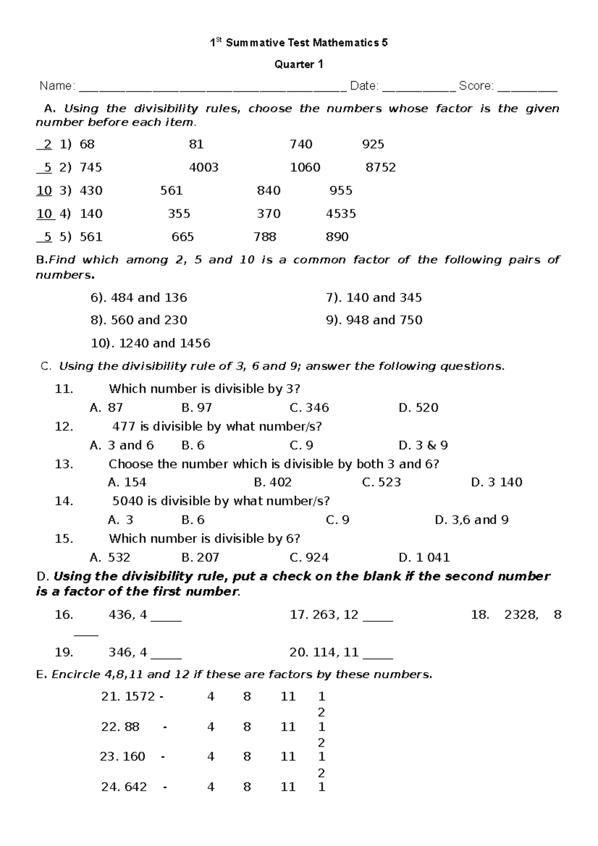 Math 5 1st summative - This will help for your review test. - 1 St ...