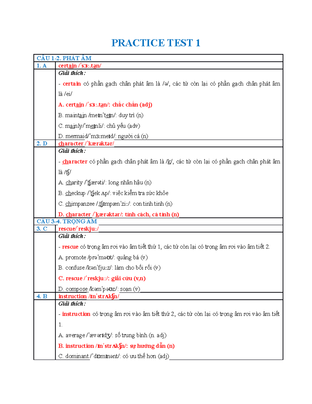 Practice-TEST-1 - Úvdkdbxbd - PRACTICE TEST 1 CÂU 1-2. PHÁT ÂM A ...