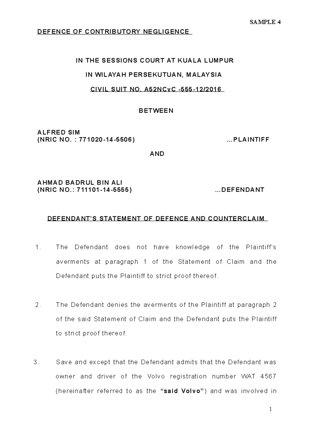 Sample 4- Defence CN - Lecture notes 3 - DEFENCE OF CONTRIBUTORY ...
