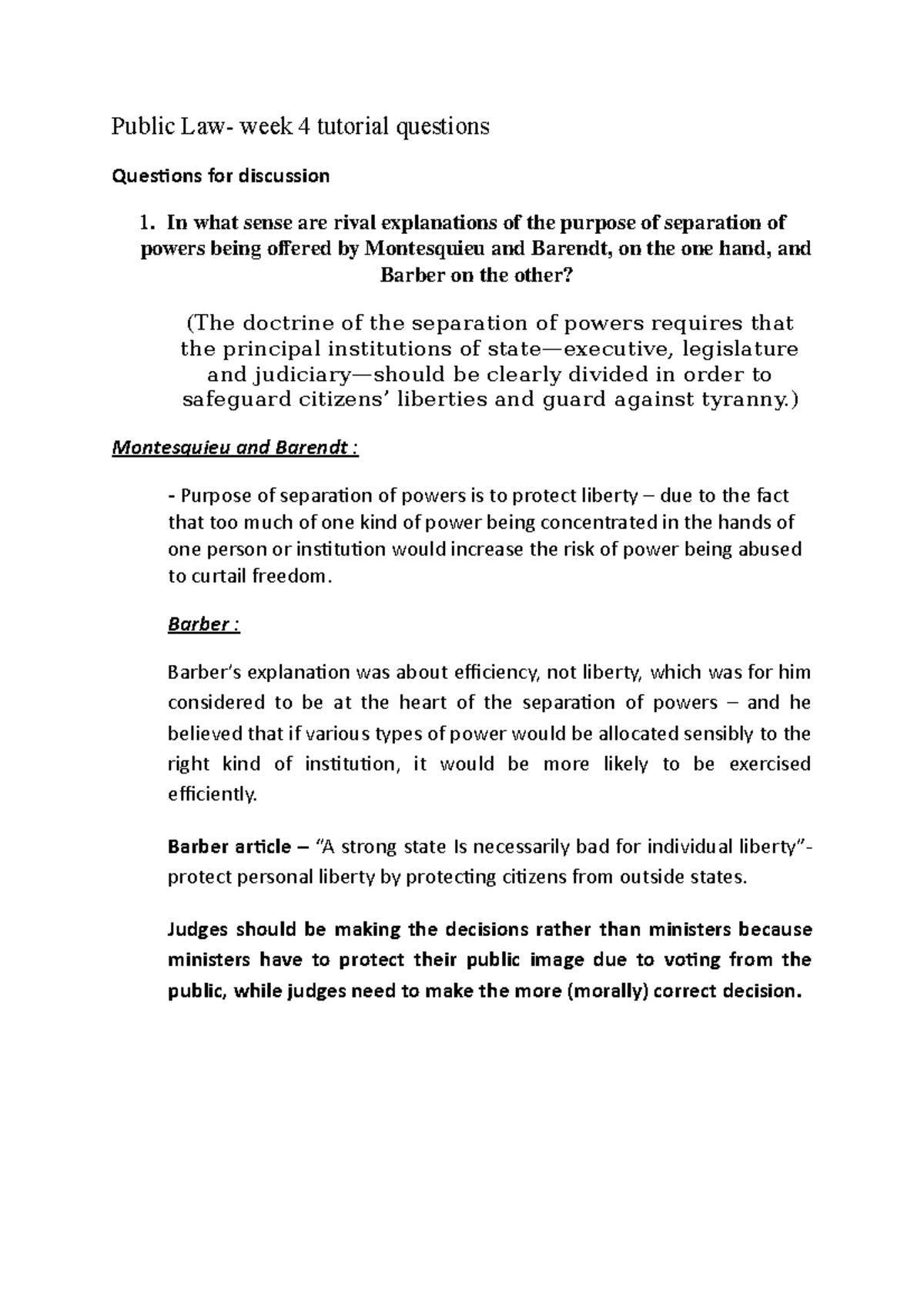 Week four - tutorial questions - Public Law- week 4 tutorial questions ...