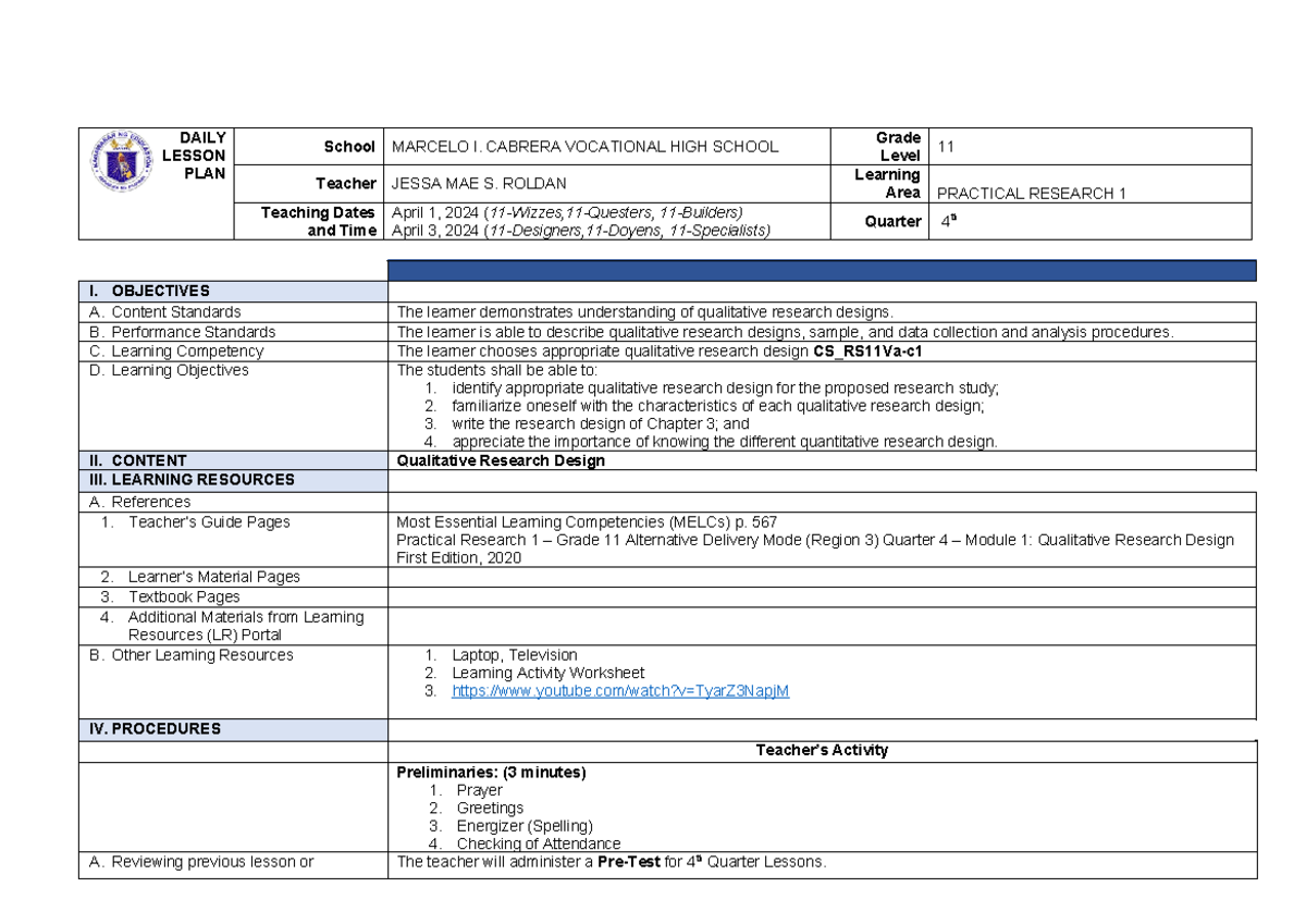 DLP-Q4-L1 - Teaching Guide - DAILY LESSON PLAN School MARCELO I ...