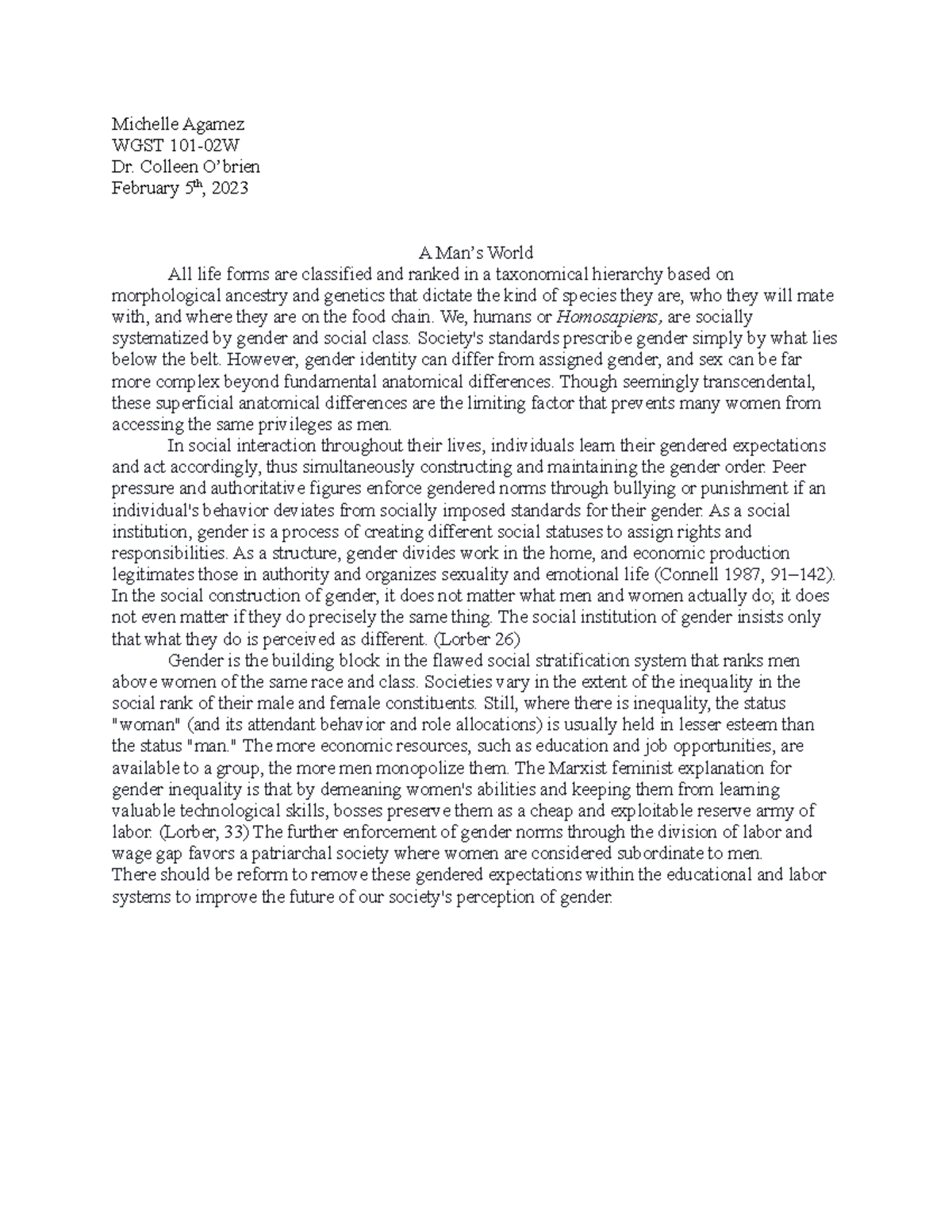 Wgst gender essay - Michelle Agamez WGST 101-02W Dr. Colleen O’brien ...