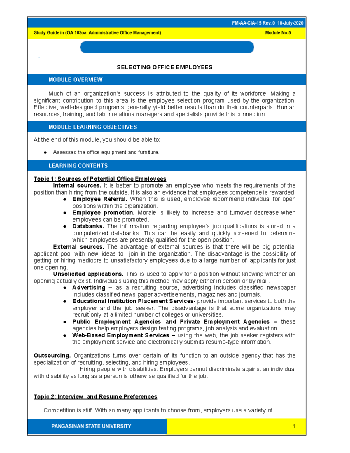 SG8 - AOM MODULE 8 - SELECTING OFFICE EMPLOYEES MODULE OVERVIEW Much of ...