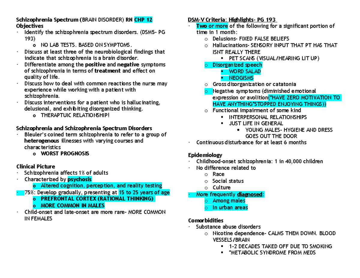 Schizophrenia Spectrum Disorders Chp 12 notes - Schizophrenia Spectrum ...