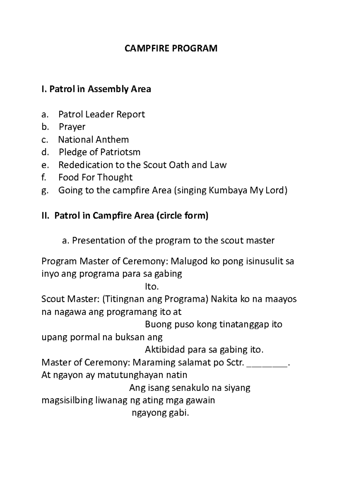 Campfire- Program - None - CAMPFIRE PROGRAM I. Patrol in Assembly Area ...