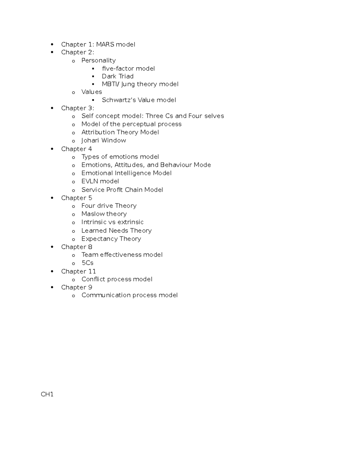 OB models - Chapter 1: MARS model Chapter 2: o Personality five-factor ...