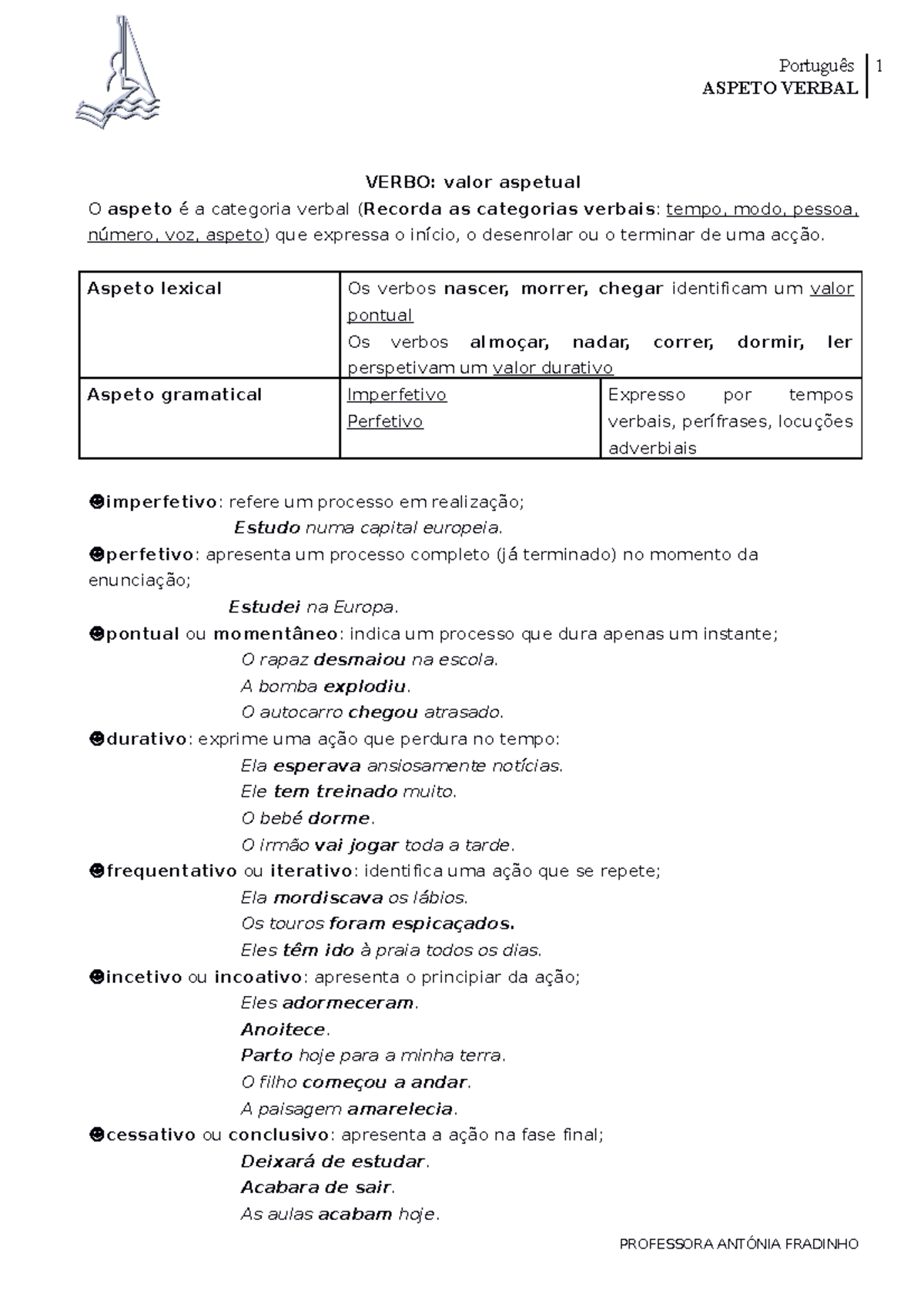Aspecto verbal - ficha - Português ASPETO VERBAL 1 VERBO: valor ...