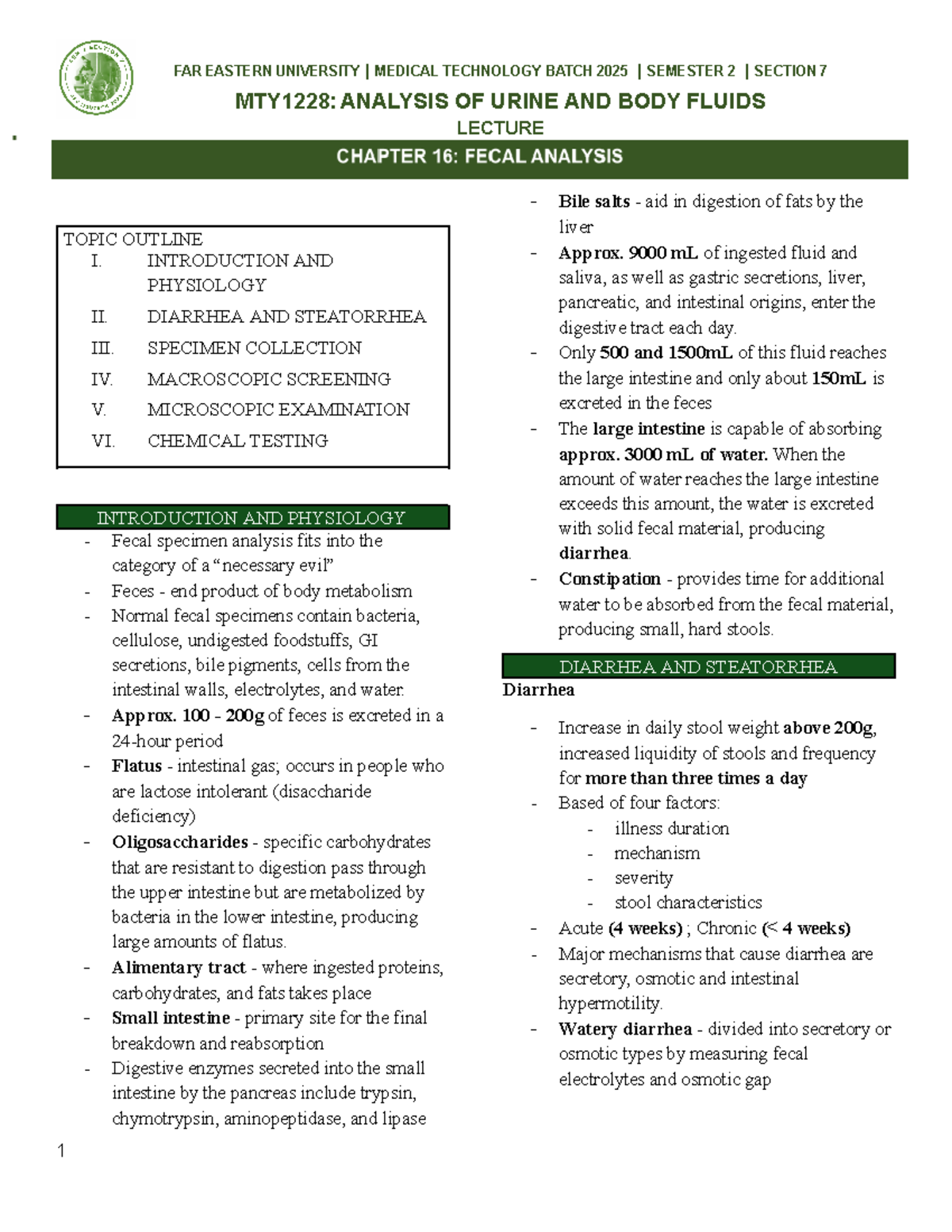 Fecal Analysis (Strasinger-based) - MTY1228: ANALYSIS OF URINE AND BODY ...