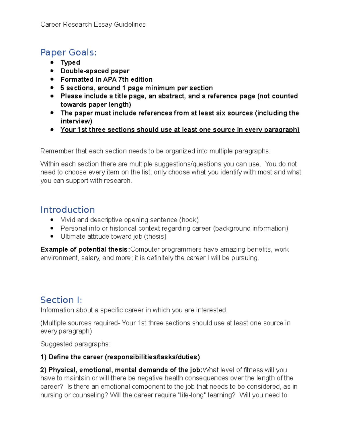 Career Research Essay Info - Paper Goals: Typed Double-spaced paper ...