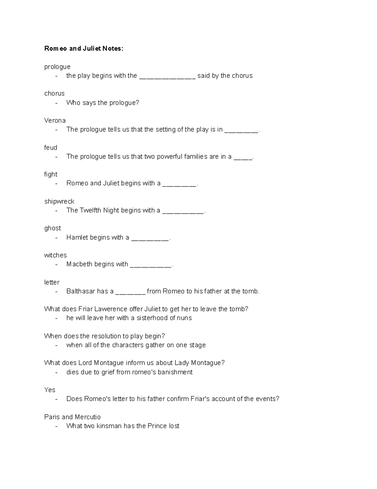 Romeo and Juliet Notes - Romeo and Juliet Notes: prologue - the play ...
