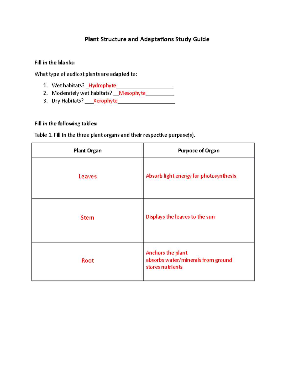 Plant Structure and Adaptations Study Guide - Fill in the three plant ...