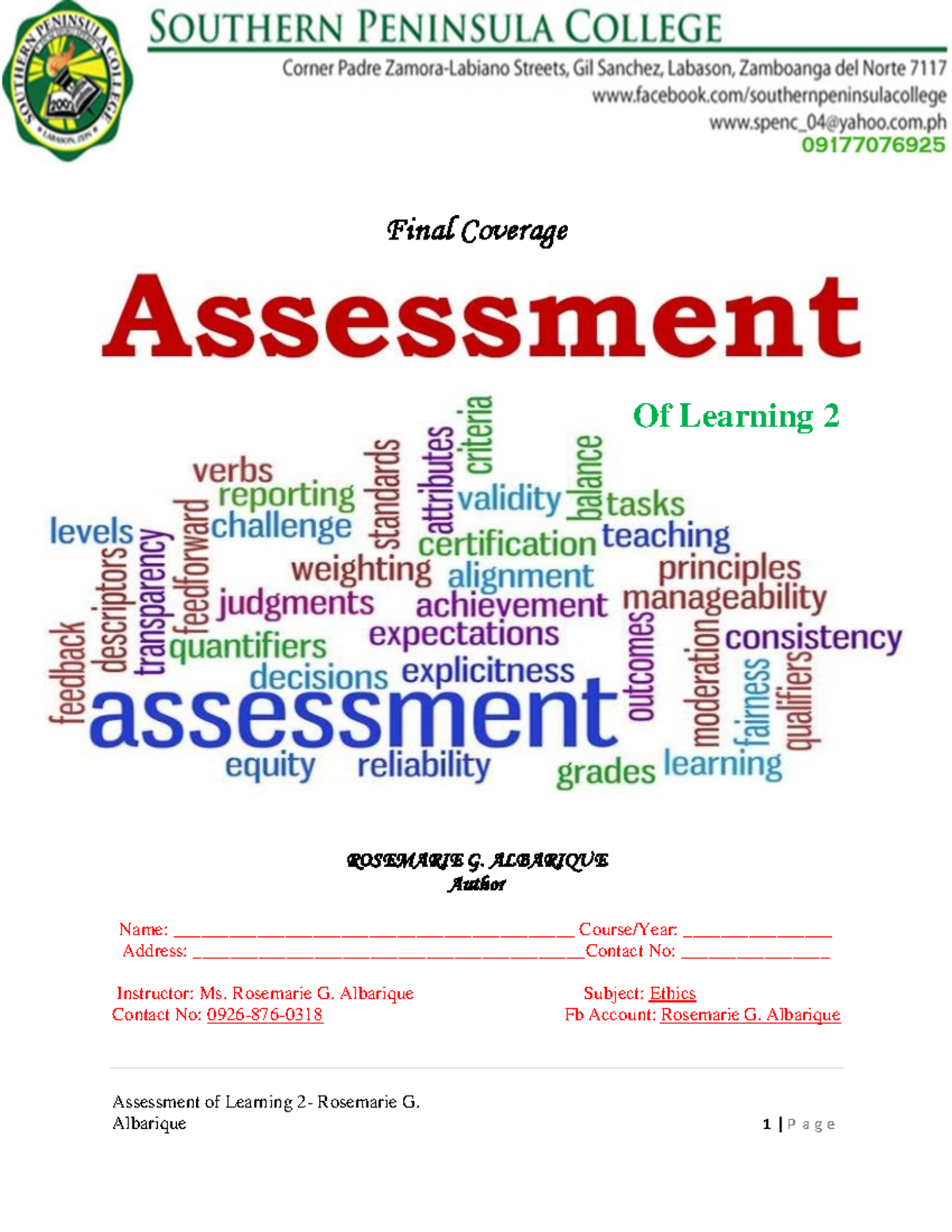 Albarique- Final Coverage- Assessment OF Learning 2 - Assessment of ...