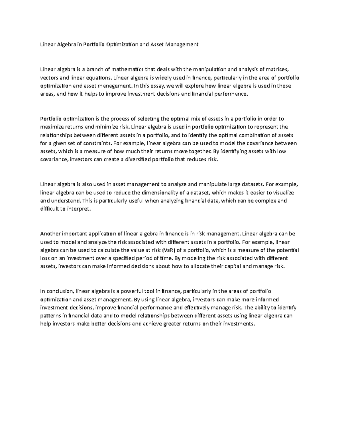 Linear Algebra in Portfolio Optimization and Asset Management - Linear ...