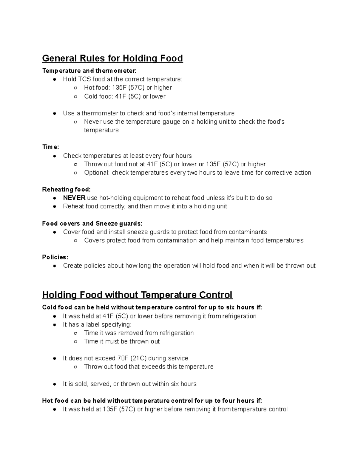 FSS - Chapter 9 - Service - General Rules for Holding Food Temperature ...