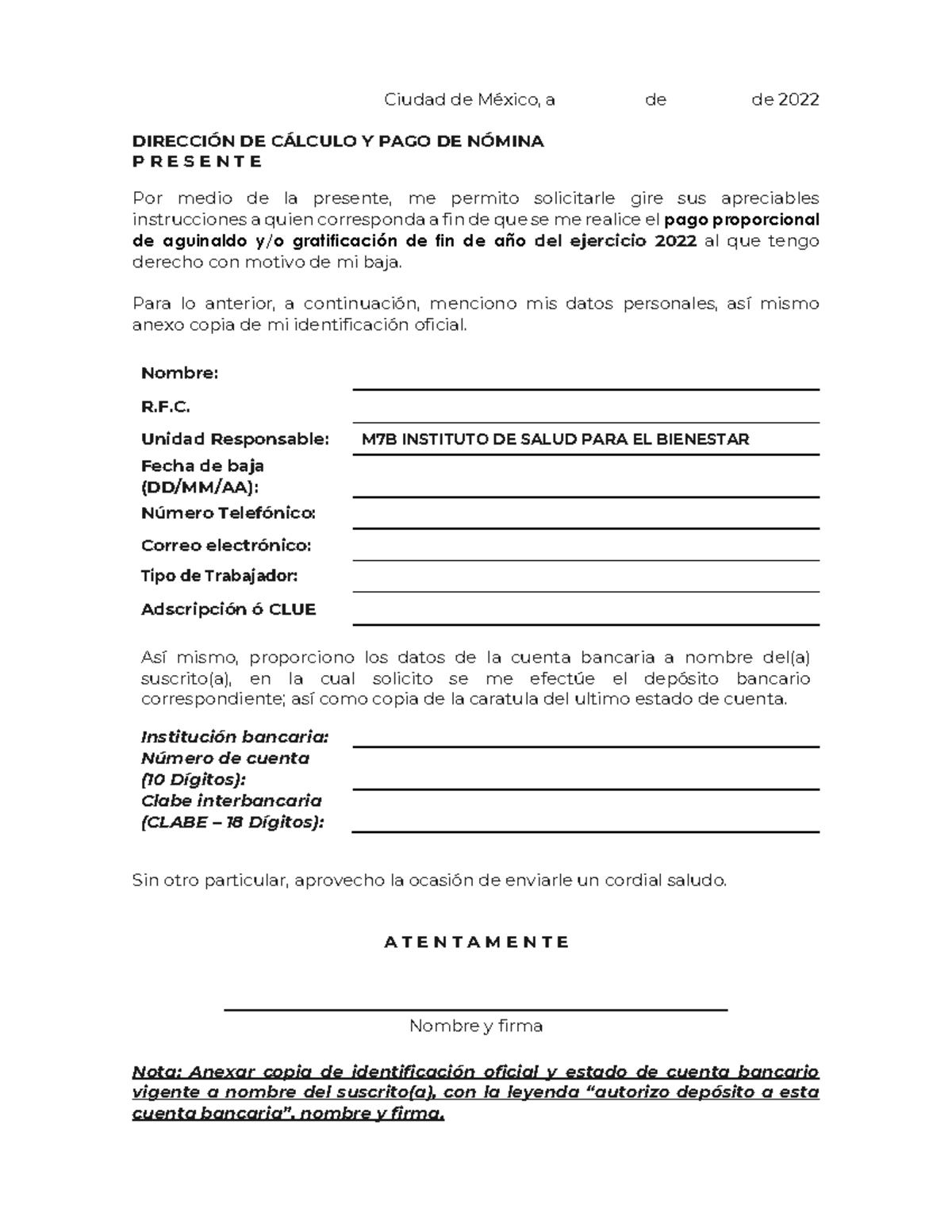 Formato Solicitud Aguinaldo 2022-2 - Ciudad de México, a de de 2022 DIRECCIÓN DE CÁLCULO Y PAGO ...