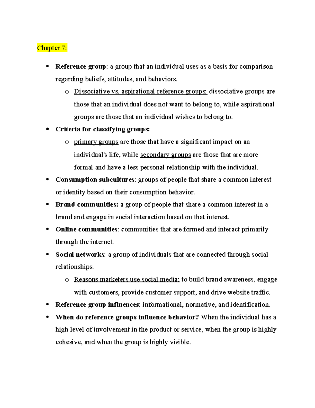 Chapter 7 - Chapter 7: Reference group: a group that an individual uses ...