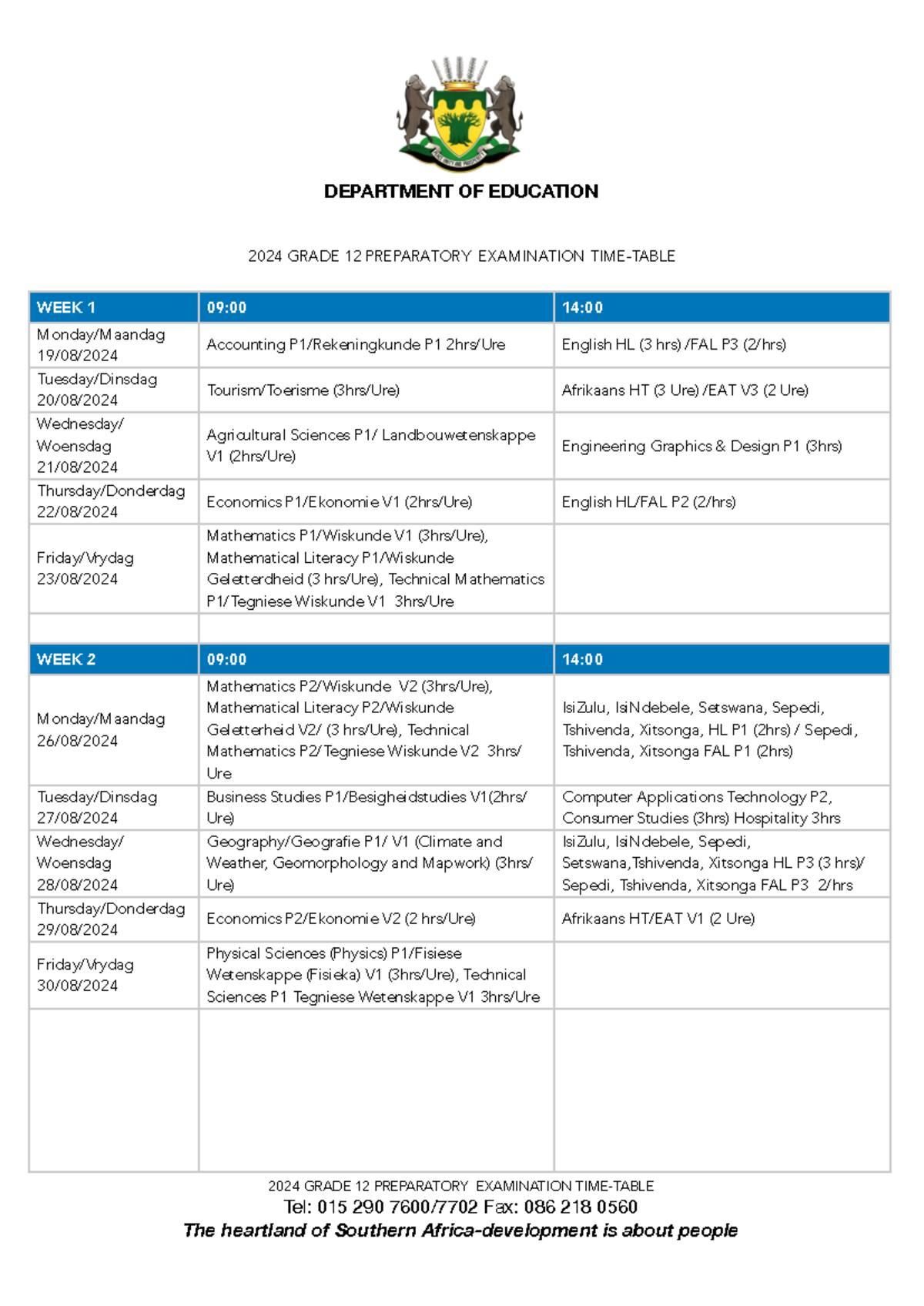 Limpopo 2024 Prelim Exam Timetable Grade 12 Preparatory Examination ...