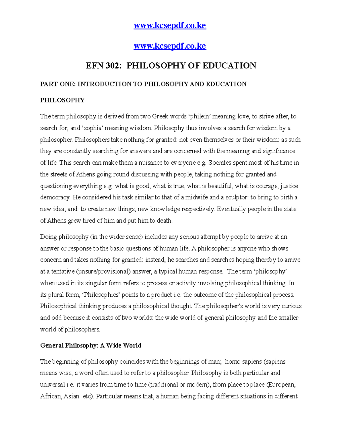 EFN 302 Philosophy of Education Notes - kcsepdf.co EFN 302: PHILOSOPHY ...