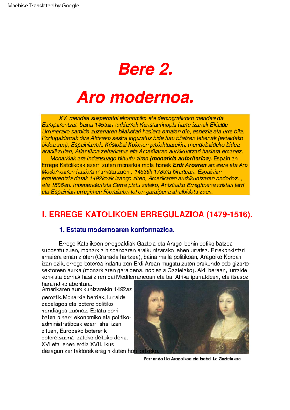 Historia moderna - I. ERREGE KATOLIKOEN ERREGULAZIOA (1479-1516). Aro ...