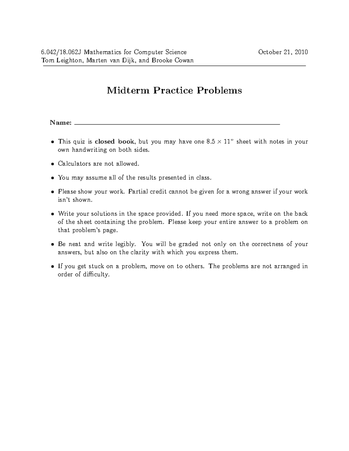 MIT6 042JF10 mid practice - 6.042/18 Mathematics for Computer Science ...