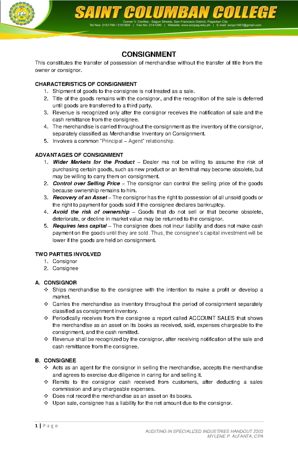 ASI Handout 2303 Consignment - 1 | P a g e AUDITING IN SPECIALIZED INDUSTRIES HANDOUT 2303 - Studocu