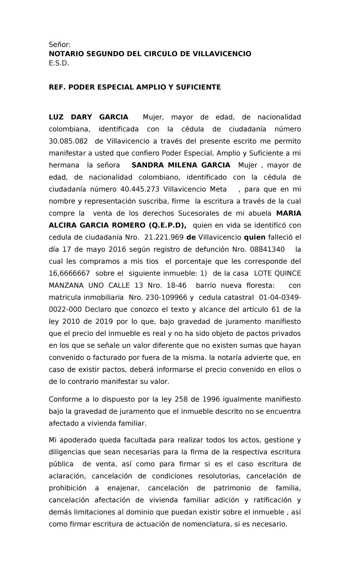 Poder sandra derechos - derecho susesorales - Señor: NOTARIO SEGUNDO DEL CIRCULO DE ...