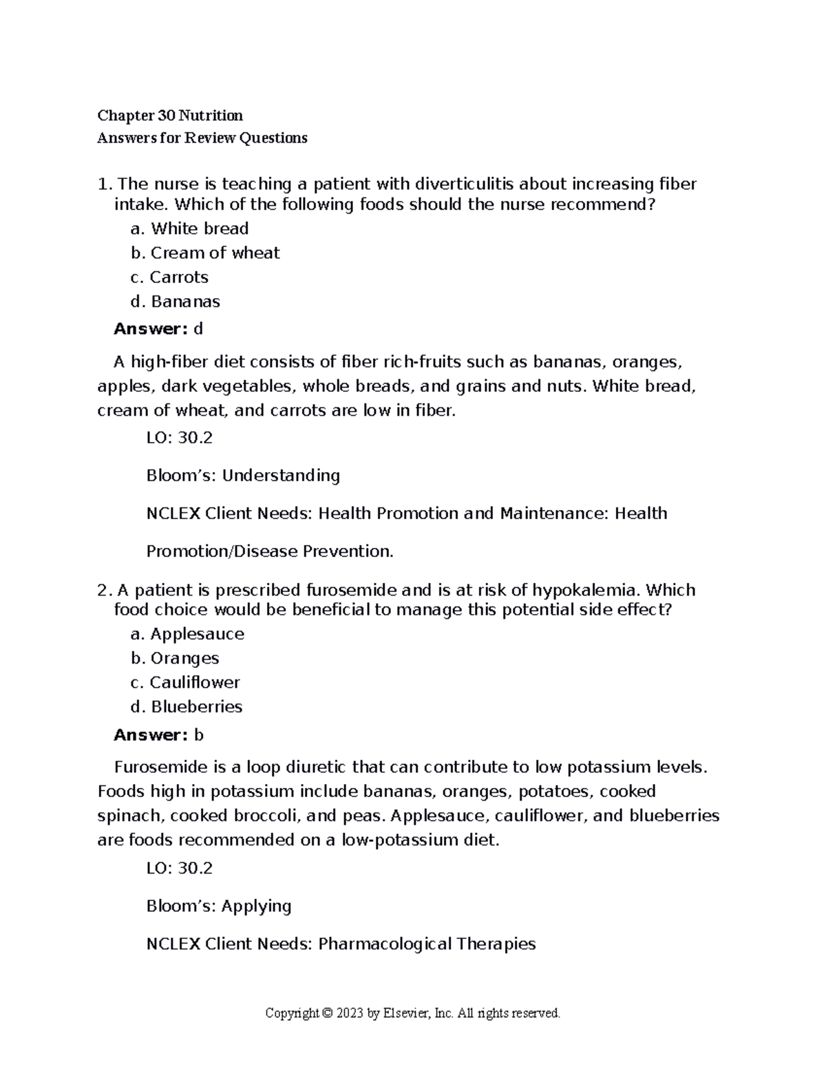 Chapter 30- Answer Key - Practice question - Chapter 30 Nutrition ...
