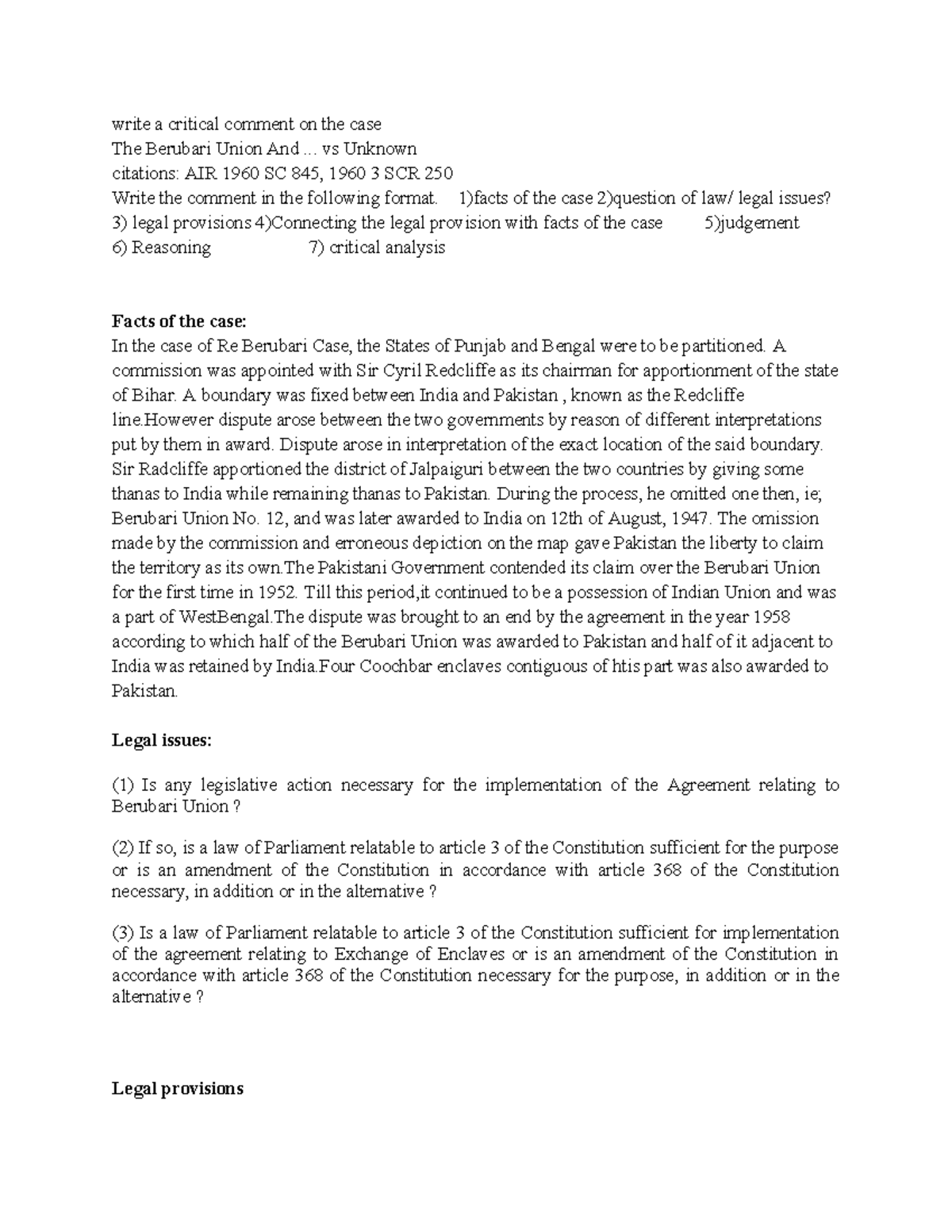 Berubari case - write a critical comment on the case The Berubari Union ...