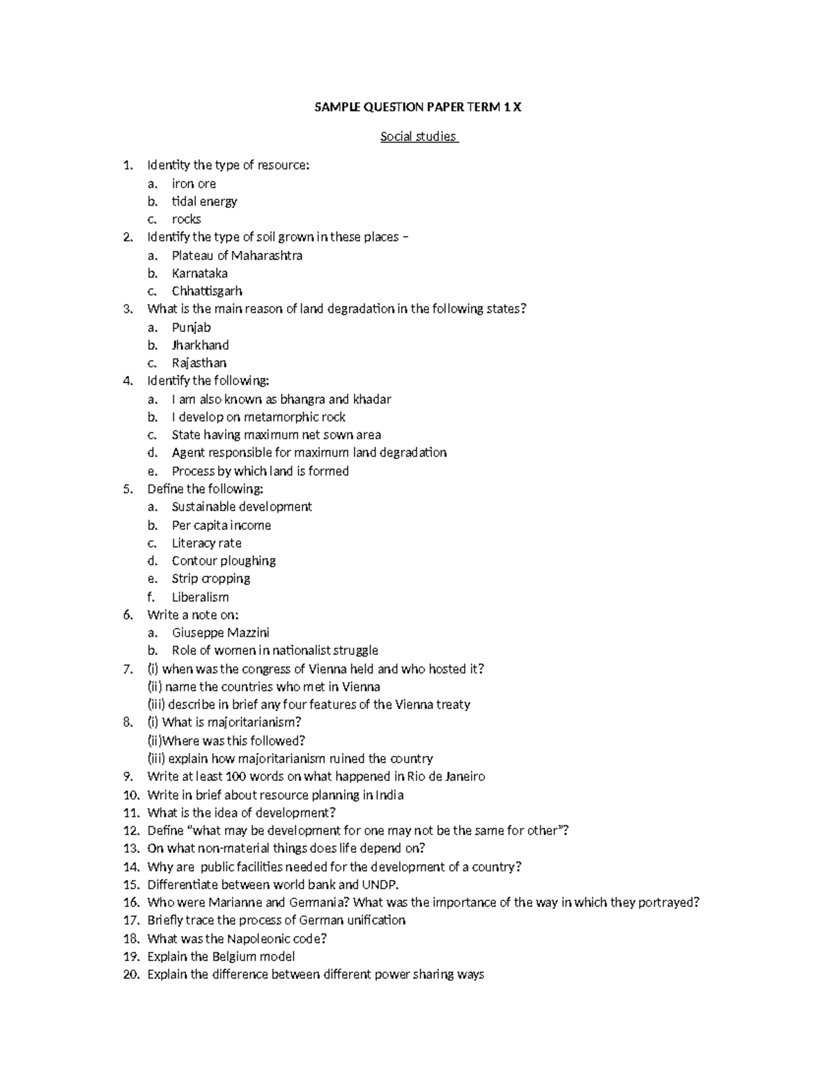 Sample Question Paper TERM 1 - SAMPLE QUESTION PAPER TERM 1 X Social ...