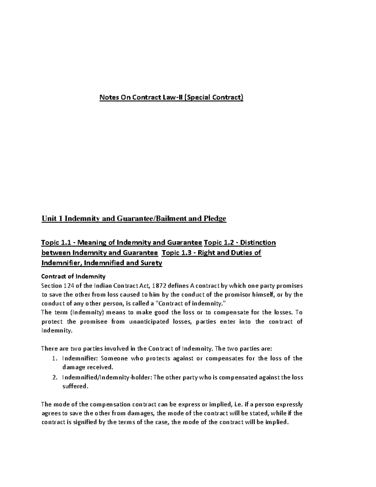 Contract - II - Notes On Contract Law-II (Special Contract) Unit 1 ...