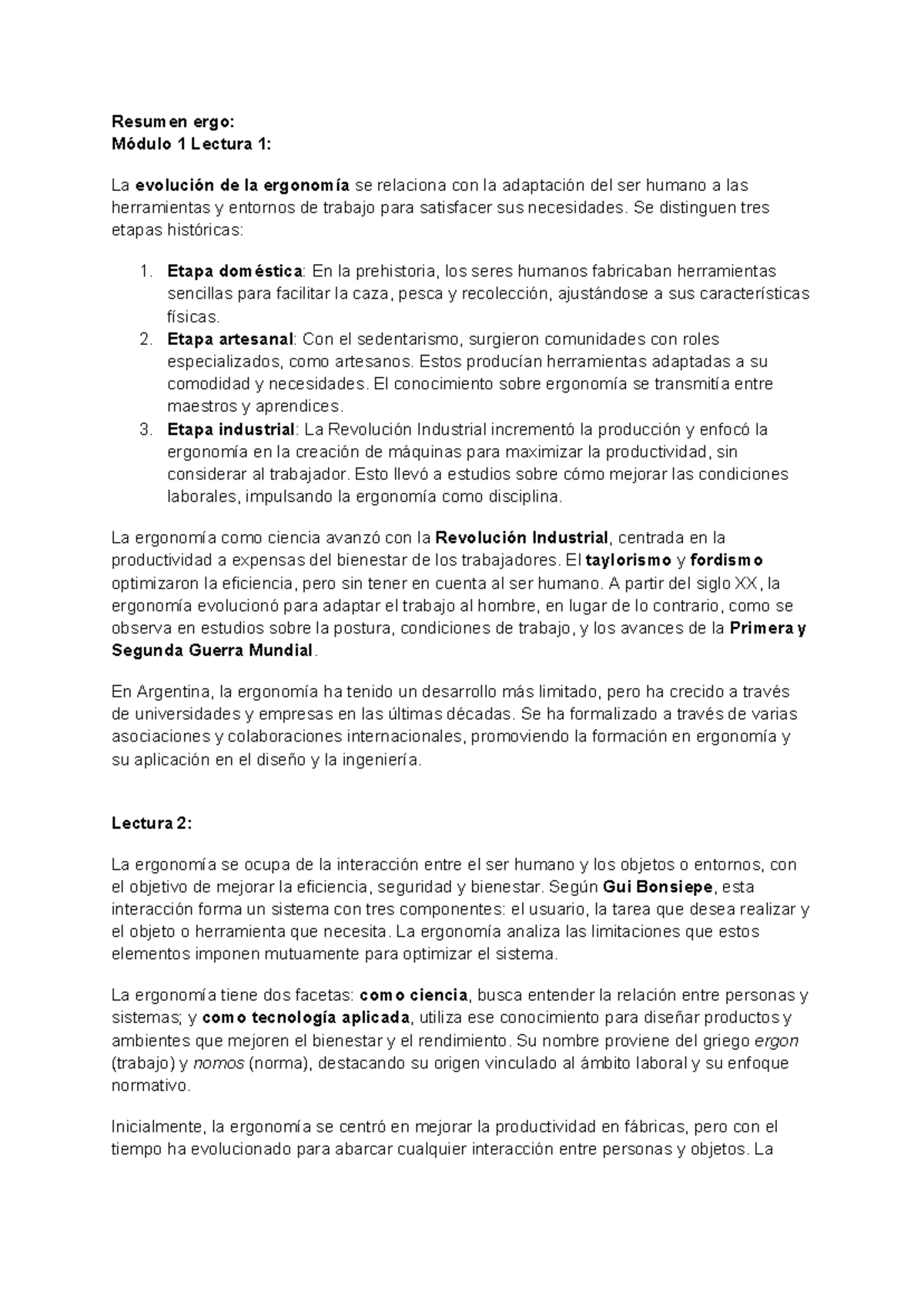 Resumen ergo - Resumen ergo: Módulo 1 Lectura 1: La evolución de la ergonomía se relaciona con ...