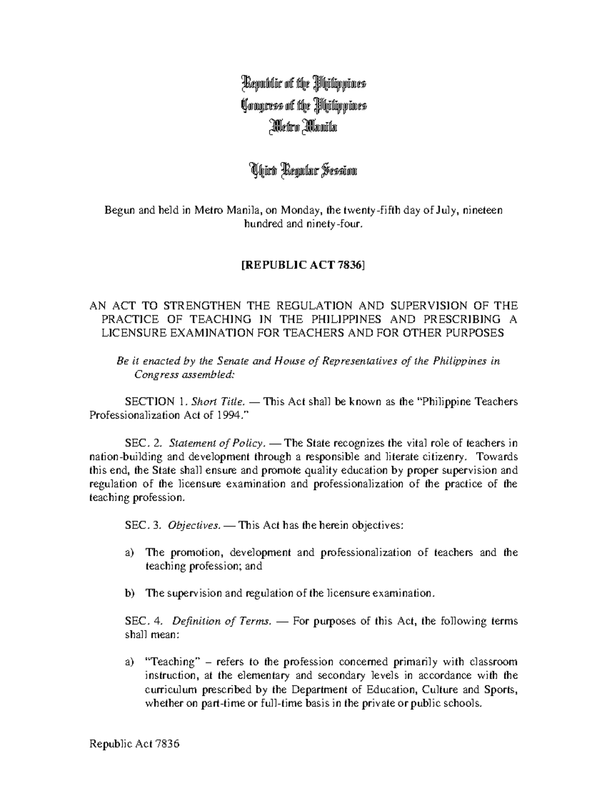 RA 7836 - Lecture notes 1-4 - Republic of the Philippines Congress of ...