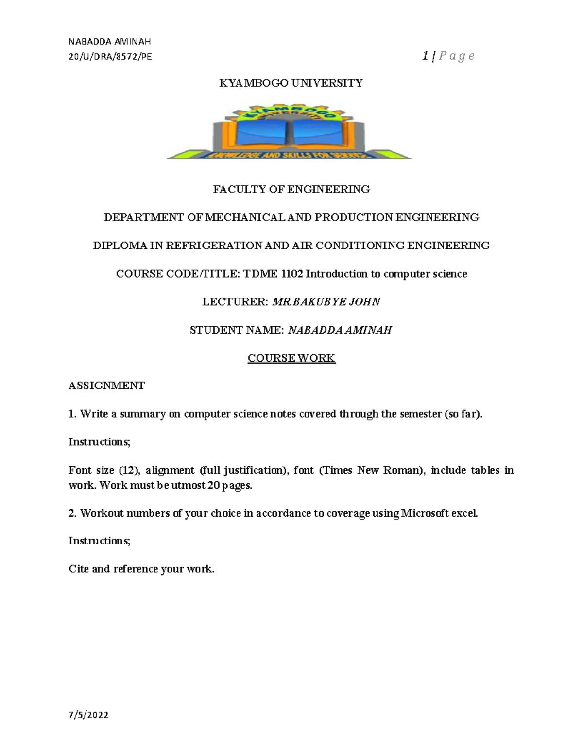 Assignment On Summarised Notes Of Computer Science By Nabadda Aminah