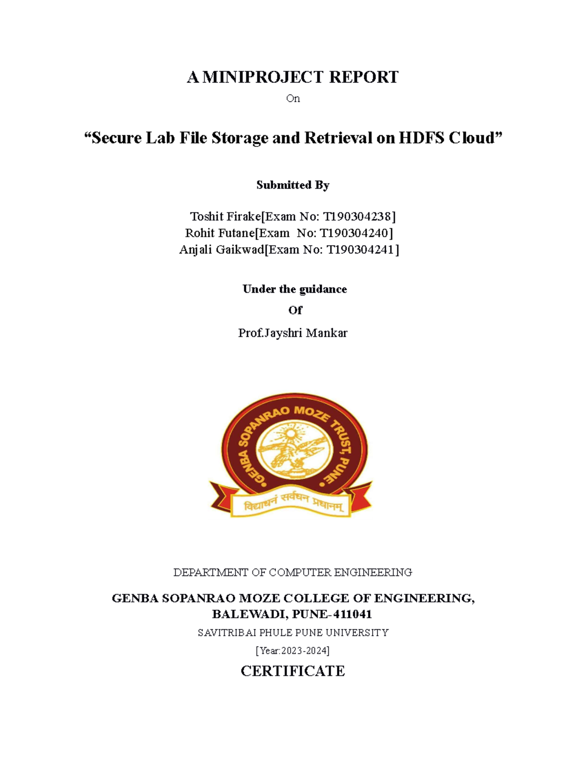 CC Report - A MINIPROJECT REPORT On “Secure Lab File Storage and Retrieval on HDFS Cloud ...