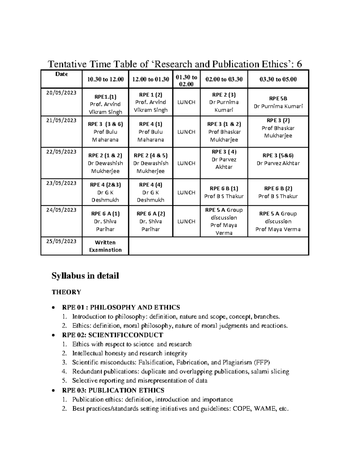 Research ethics time table-6-2 - Tentative Time Table of ‘Research and ...