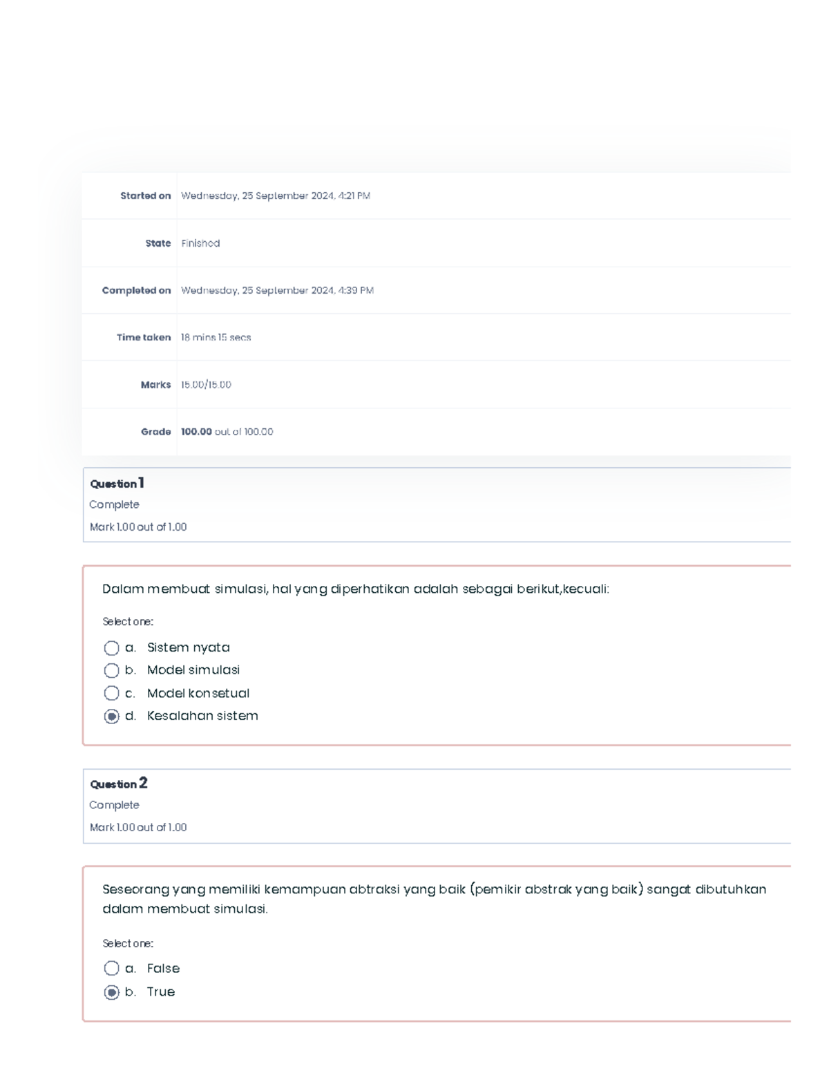 Kuis 1 - Introduction to Simulation Attempt review Ce LOE LMS - Complete Mark 1 out of 1 ...