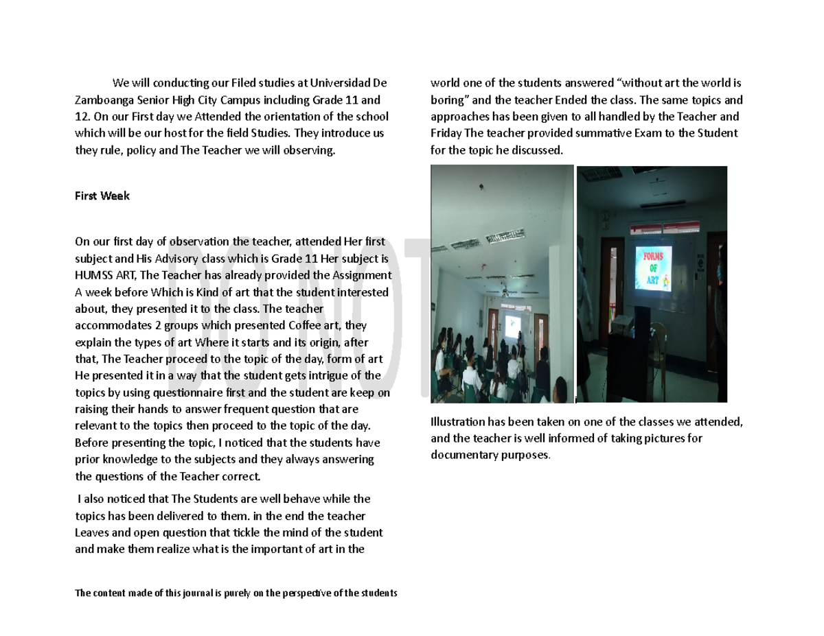 FS 1 daily log Final - self reflect - We will conducting our Filed ...