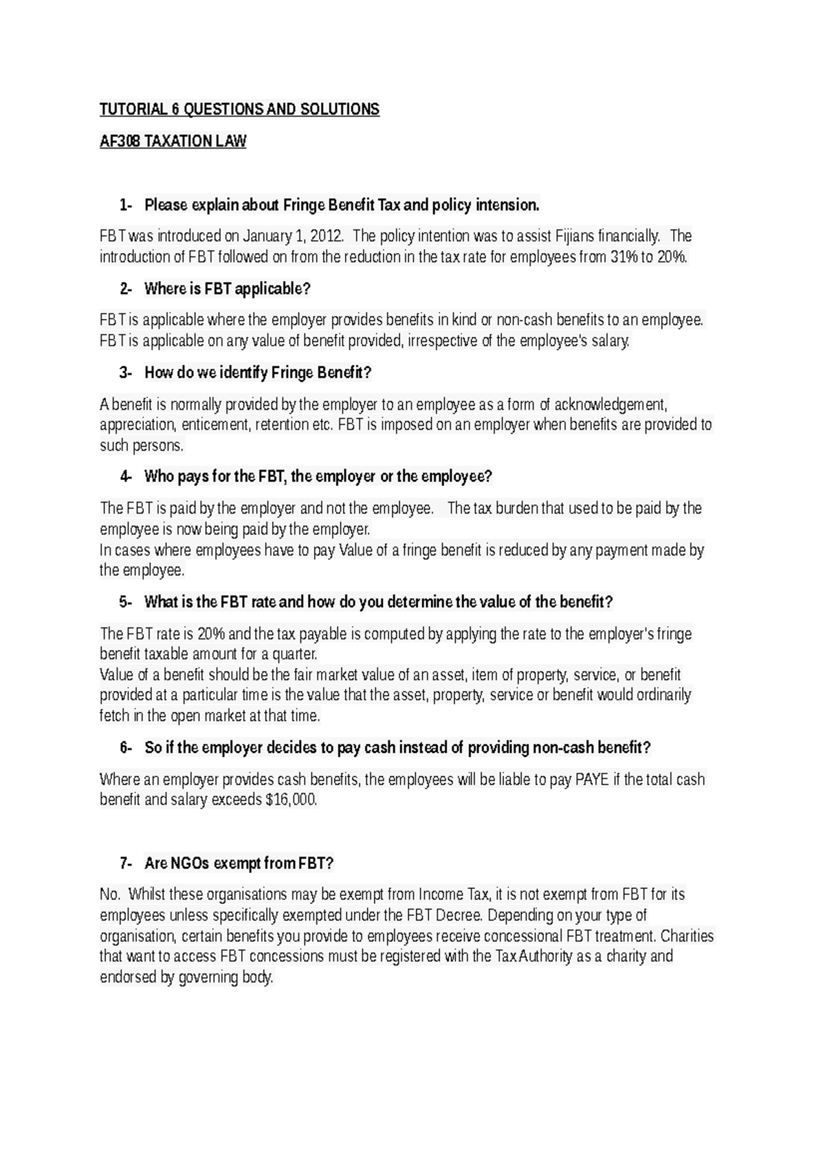 Tutorial 6 Questions AND Solutions - TUTORIAL 6 QUESTIONS AND SOLUTIONS AF308 TAXATION LAW 1 ...