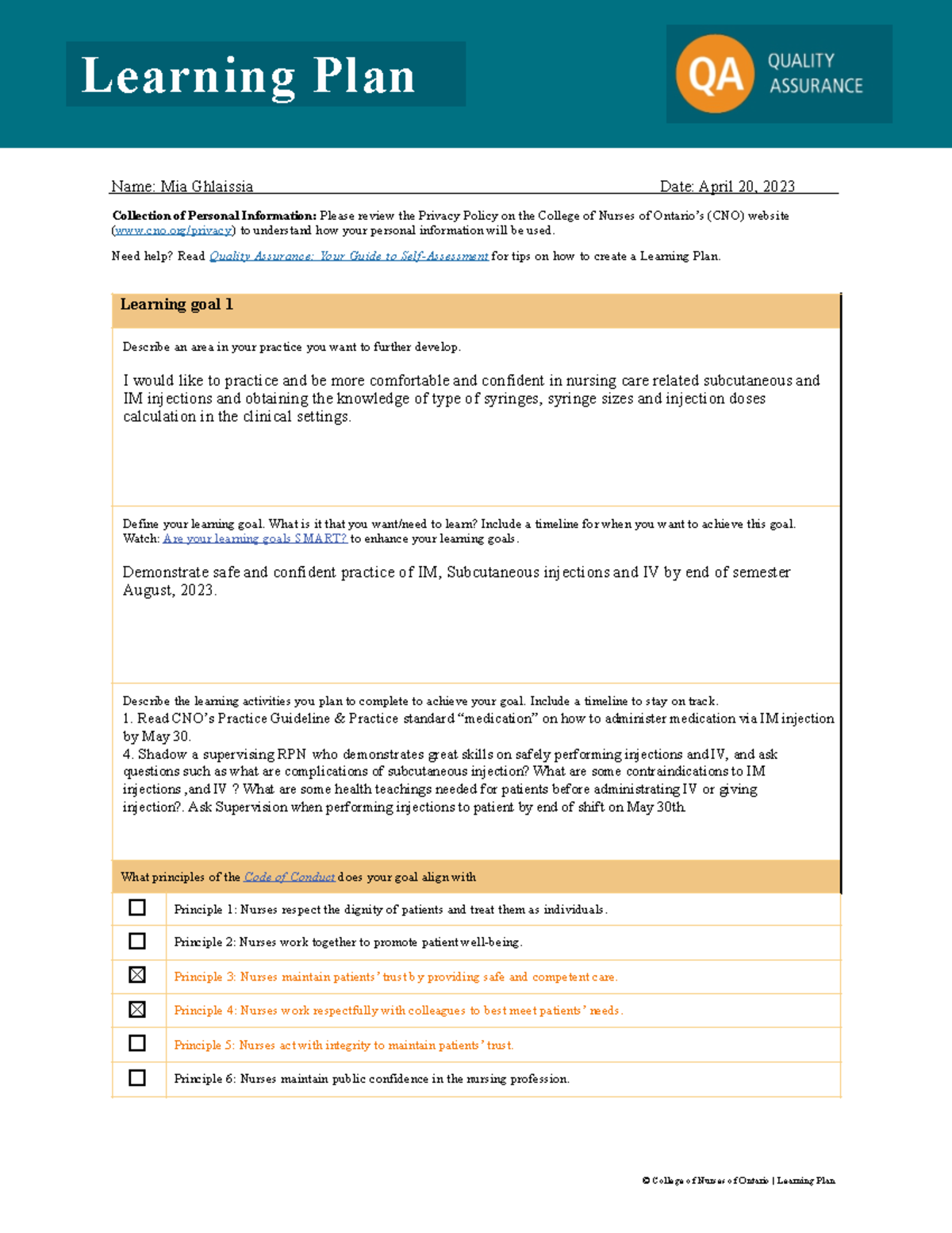Learning plan fillable - Learning Plan Name: Mia Ghlaissia Date: April ...