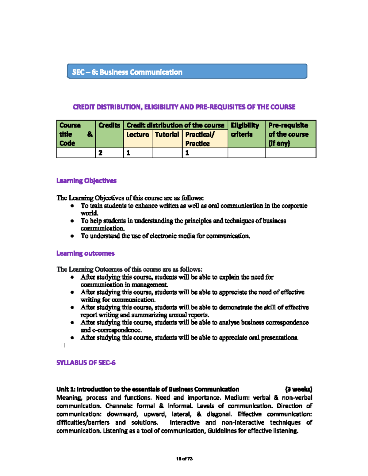 SEC business communication syllabus - 2036000005 - Studocu