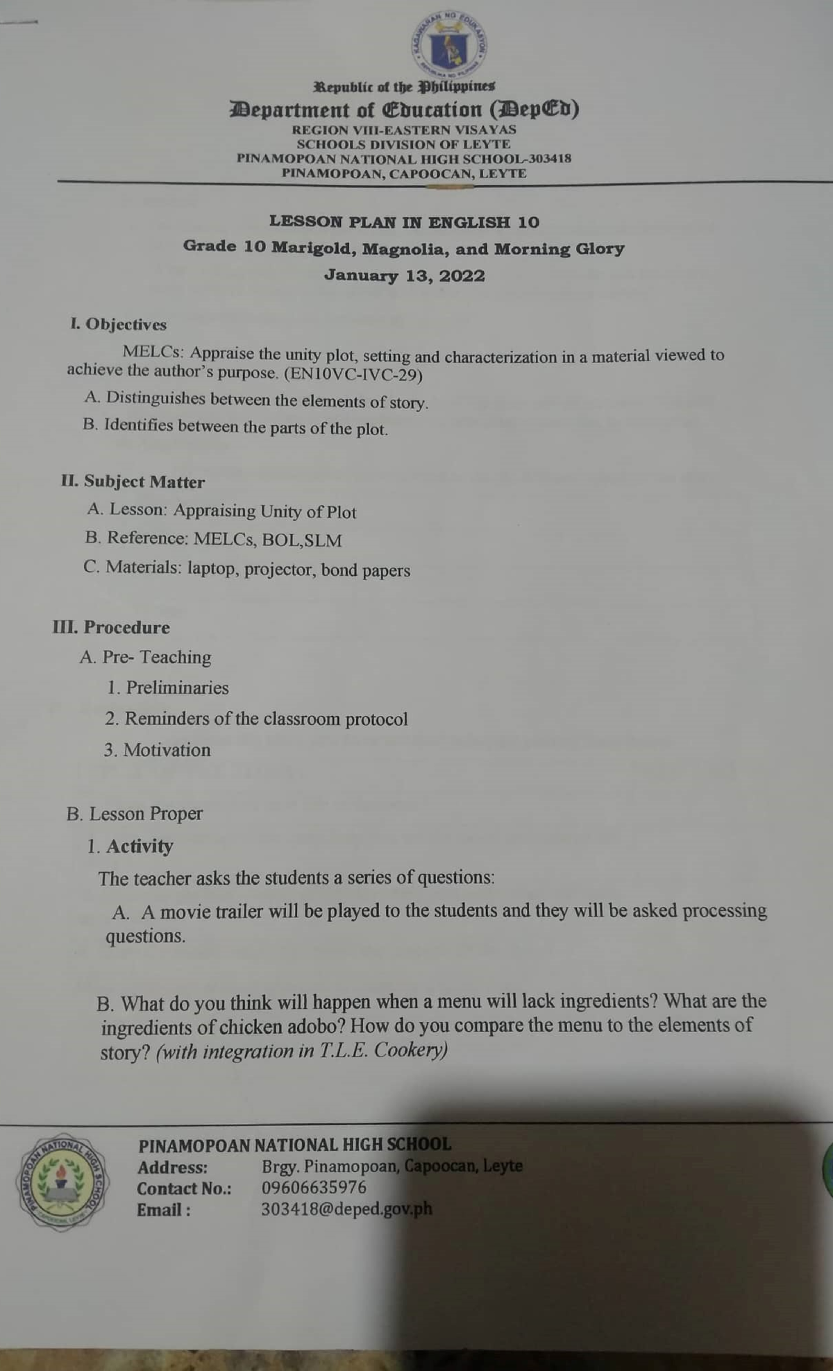 Lesson PLAN Sample - Diploma in Teaching Secondary Education - Studocu