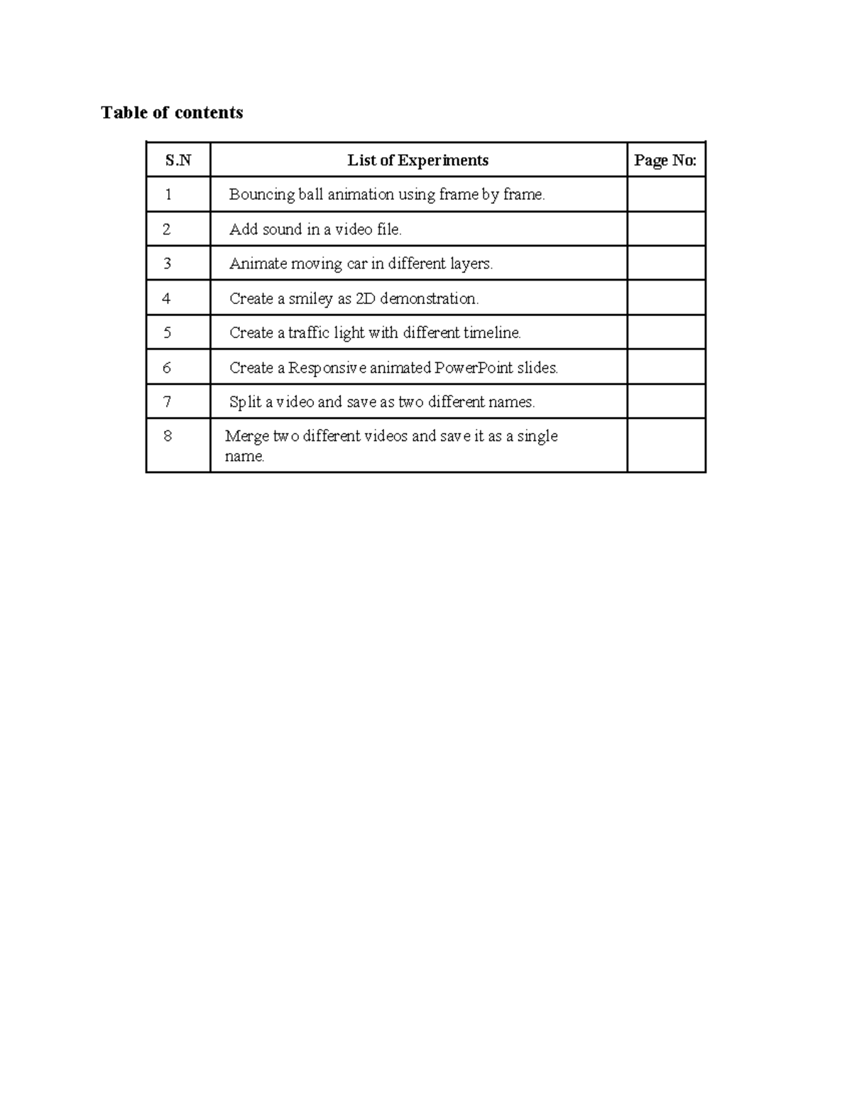 Multimedia labreport - lab report - Table of contents S List of Experiments Page No: 1 Bouncing ...