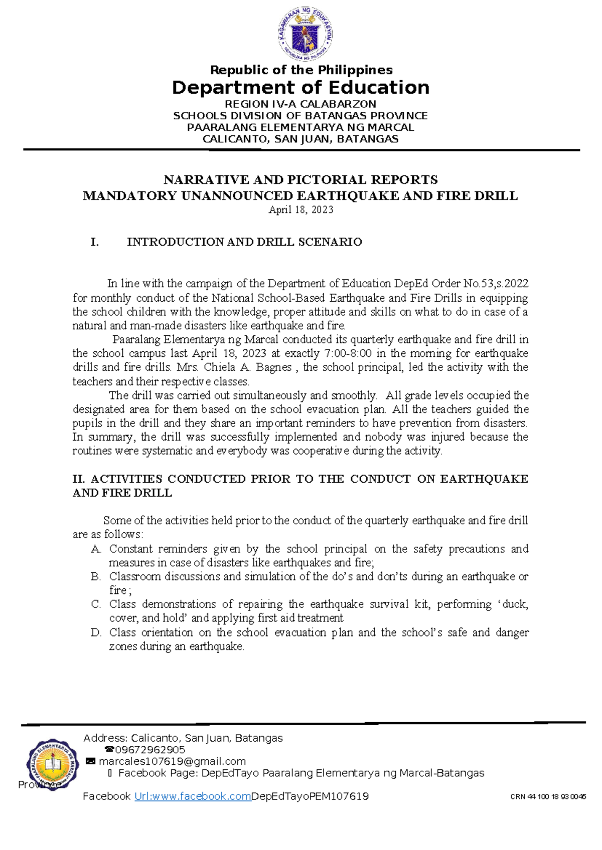 Narrative Report April 25 , 2023-DRRM-Earthquake ang Fire Drill - CRN 44 100 18 93 0045 Republic ...