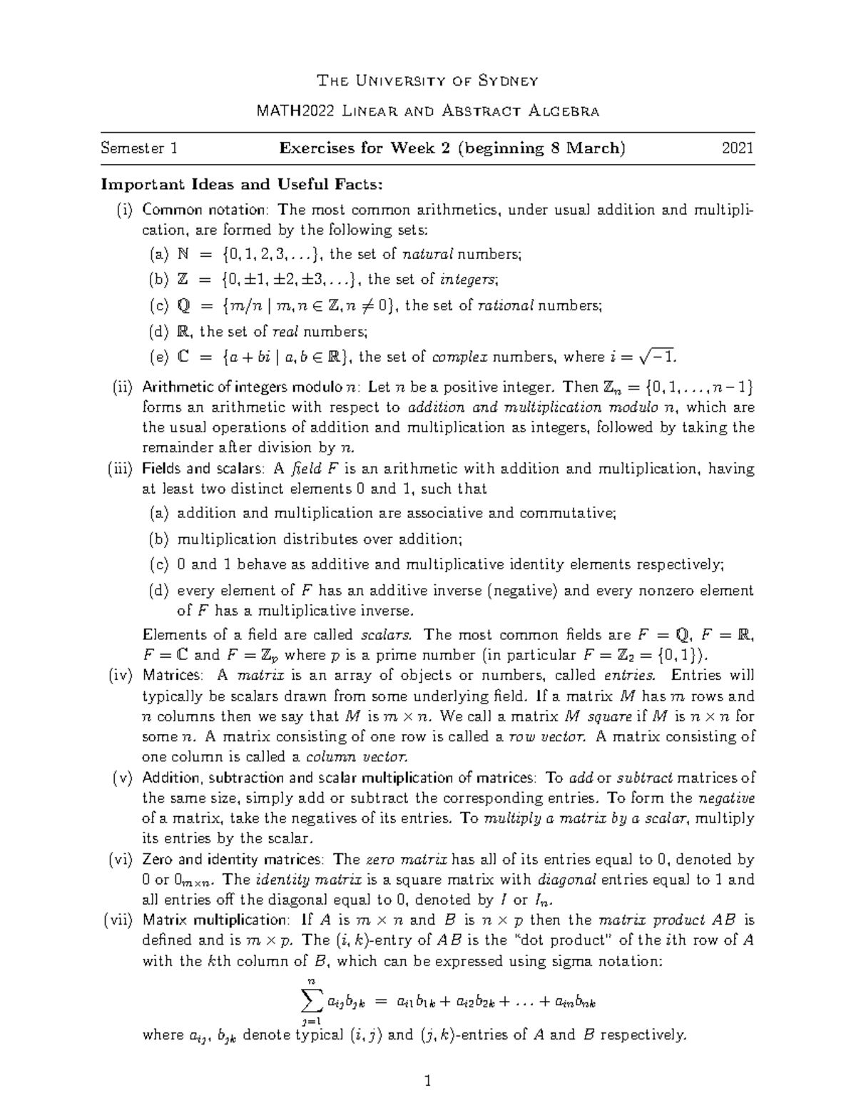 MATH2022 Tutorial Week 02 - The University of Sydney MATH2022 Linear ...